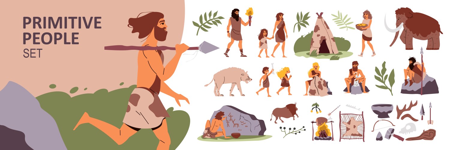 Primitive people flat cartoon icons set Royalty Free Vector