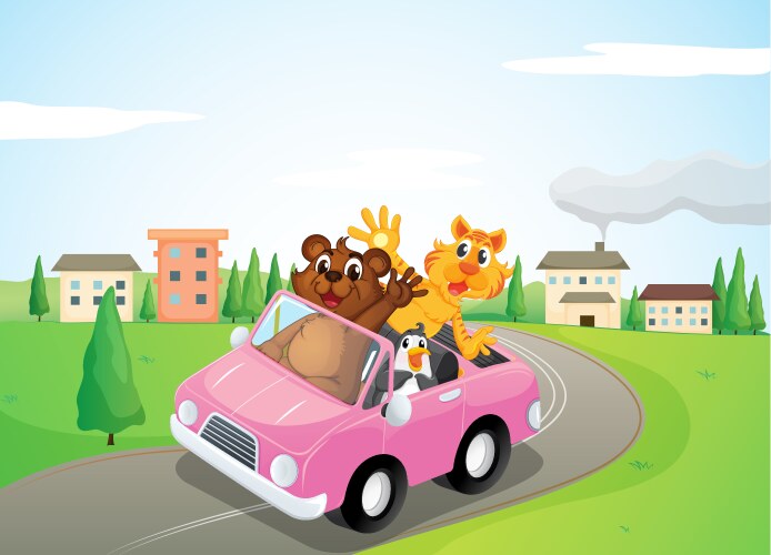 Animals traveling by car over the rainbow Vector Image