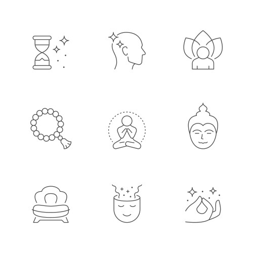 Meditation spiritual monochrome line icon set Vector Image