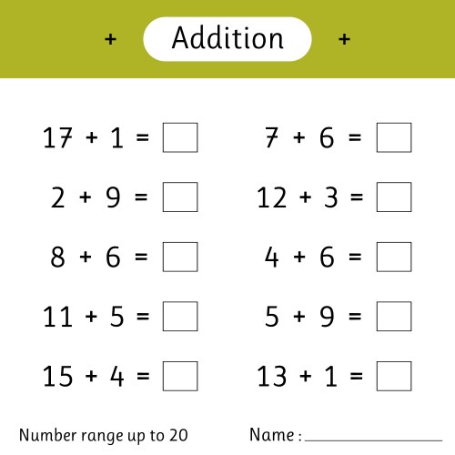 Math worksheet for kids addition mathematic Vector Image