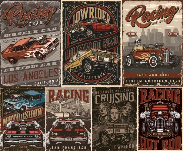 Vintage vehicle and cars retro posters set Vector Image