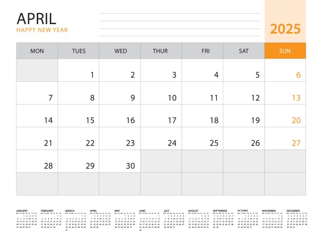 April 2025-calendar 2025 template Royalty Free Vector Image