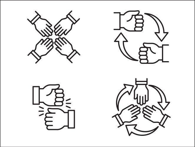 Teamwork icon cooperation hands set Royalty Free Vector