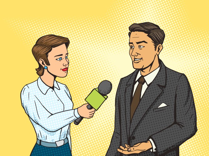 Reporter journalist woman pop art style Royalty Free Vector