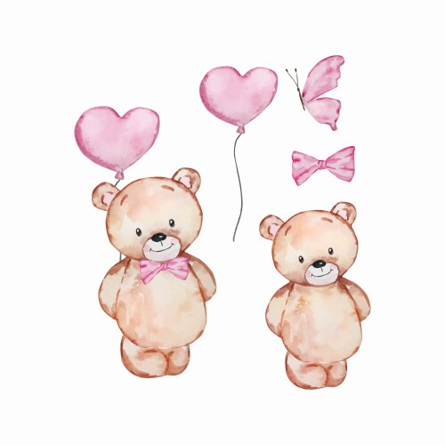 Watercolor cute teddy bear with heart valentines Vector Image