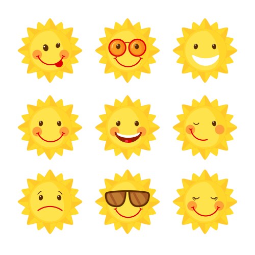 Cute cartoon sun emoji collection sunny smiling Vector Image
