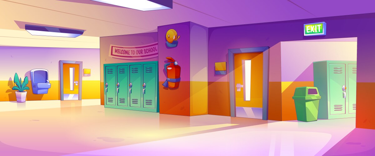 School corridor with lockers and classroom doors Vector Image