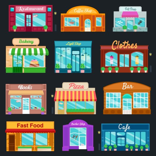 Shops and stores front icons set flat style Vector Image