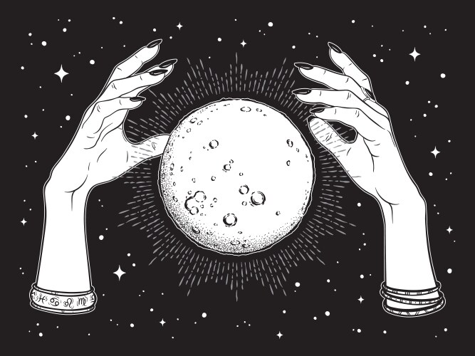 Hand drawn magic crystal ball with crescent moon Vector Image