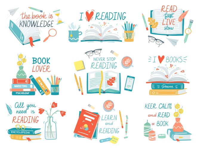Books lettering quotes reading hand drawn Vector Image