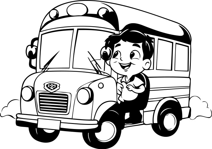 Cute little boy riding a school bus cartoon Vector Image