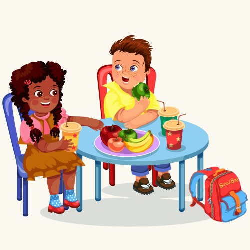 Kid eating noodles or pasta breakfast lunch Vector Image