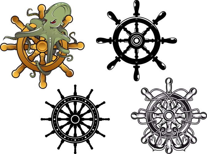 Ship anchor and steering wheel nautical emblem Vector Image