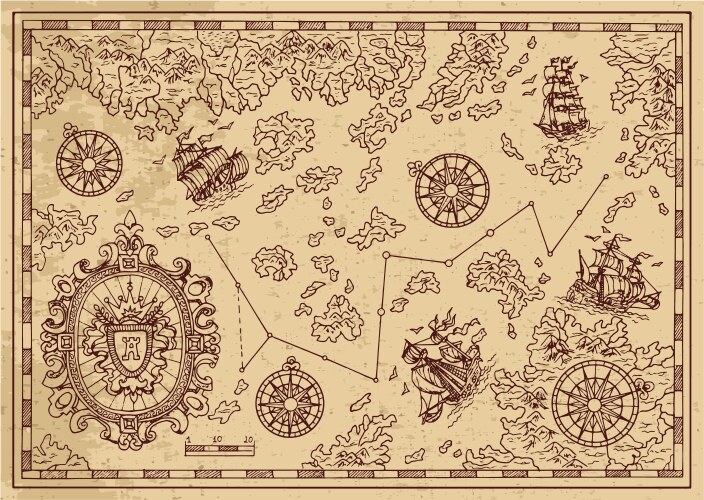 Pirate treasure map with compass and ships Vector Image