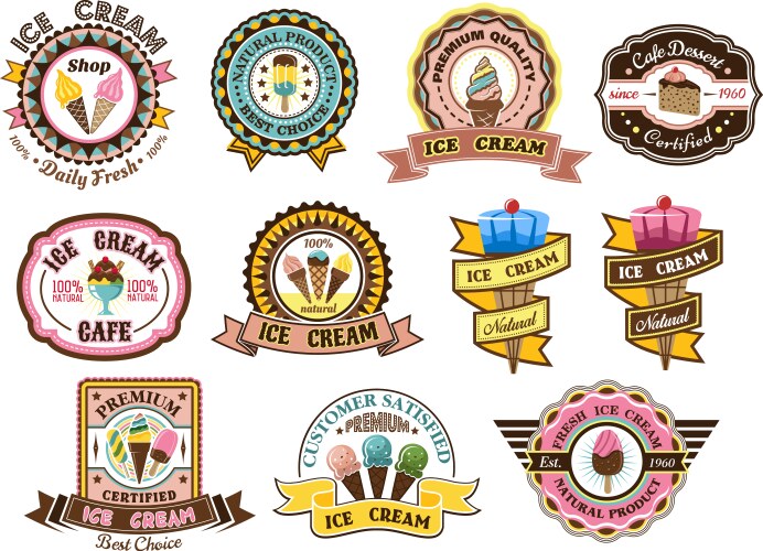 Cartoon color ice cream sticker badge set Vector Image
