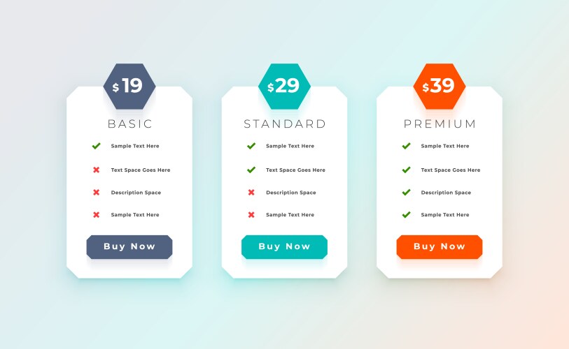 Three column pricing plan comparison concept Vector Image