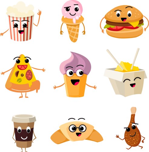 Funny food cartoon characters isolated Royalty Free Vector