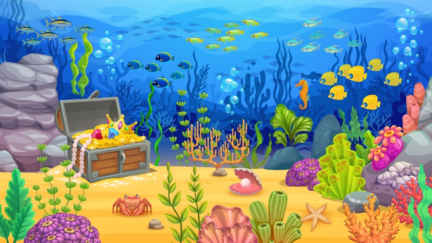 Underwater cave with an open pirate treasure chest