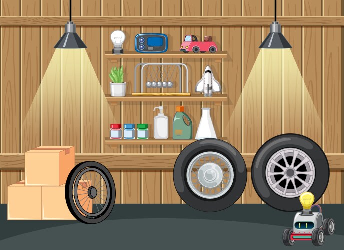 Garage interior design cartoon Royalty Free Vector Image