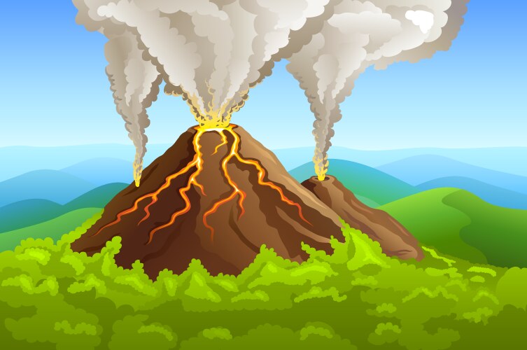 Volcano eruption cartoon background Royalty Free Vector
