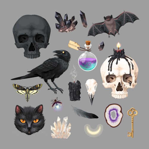High detailed black magic supplies set Royalty Free Vector