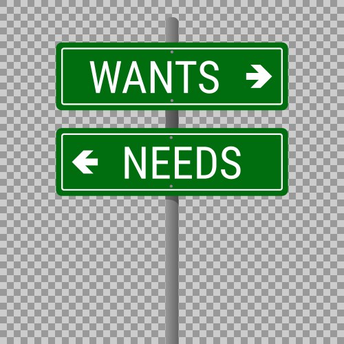 Road sign with captions needs and wants Royalty Free Vector