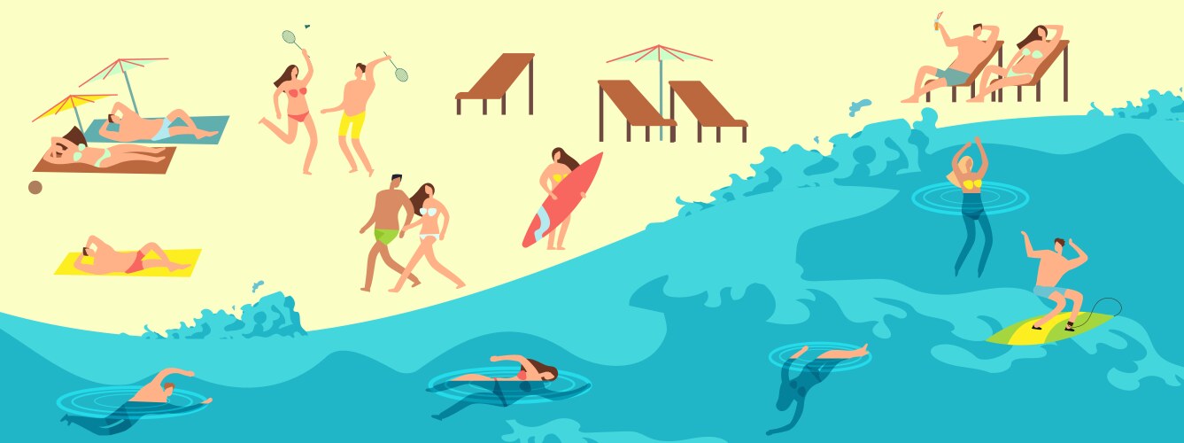 Cartoon people in swimming beach Royalty Free Vector Image