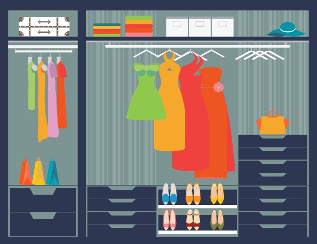 Flat design walk in closet with shelves Royalty Free Vector
