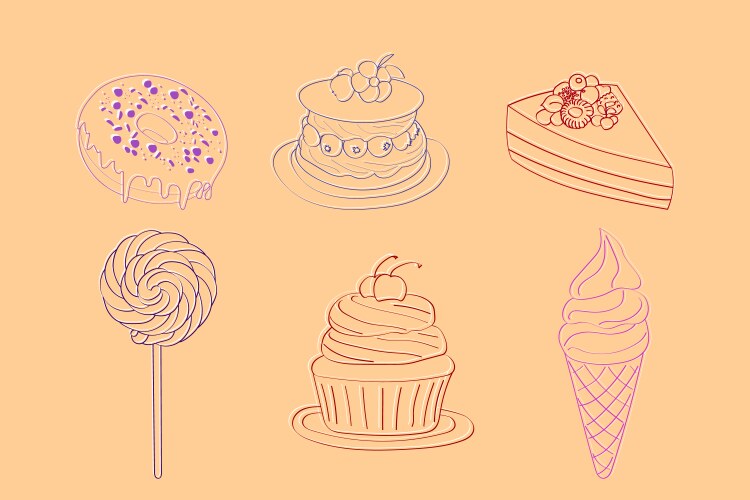 Assorted cakes with various toppings Royalty Free Vector