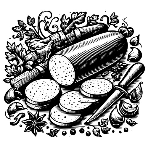 Sliced salami engraving sketch Royalty Free Vector Image