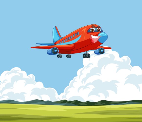 Cartoon airplane flying above green fields Vector Image