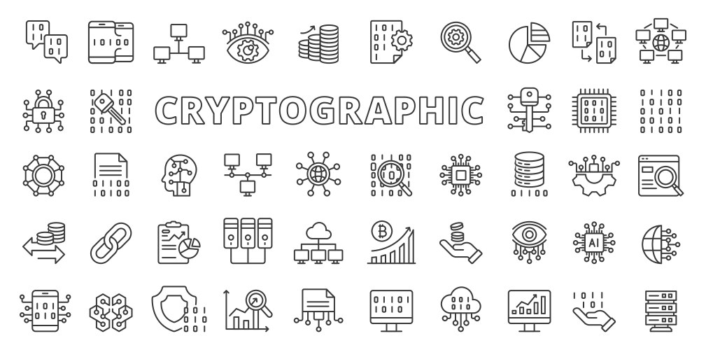 Cryptographic icons in line design blue Royalty Free Vector