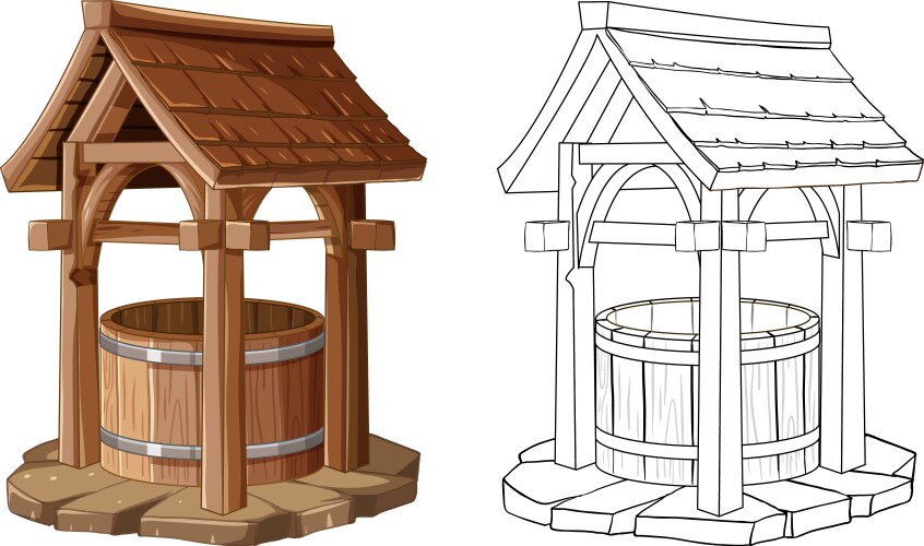 Two styles of wooden wells sketch and colored Vector Image