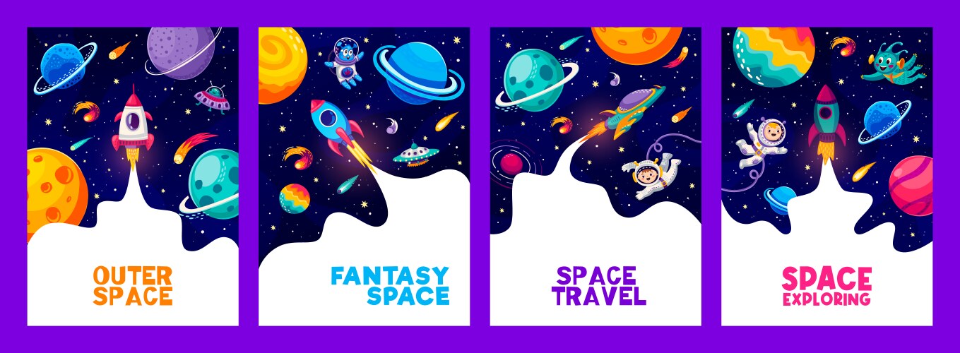 Space posters cartoon alien characters spaceship Vector Image