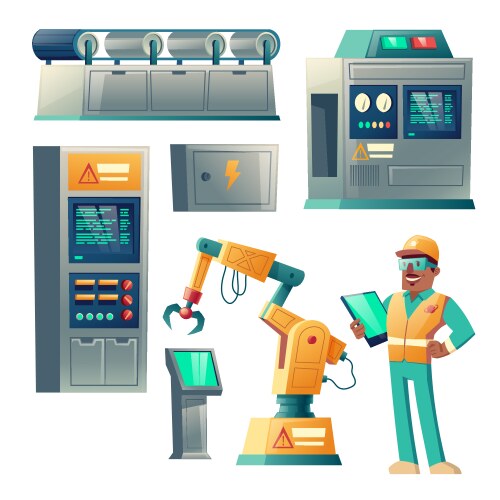 Female factory worker is setting up cnc machine Vector Image