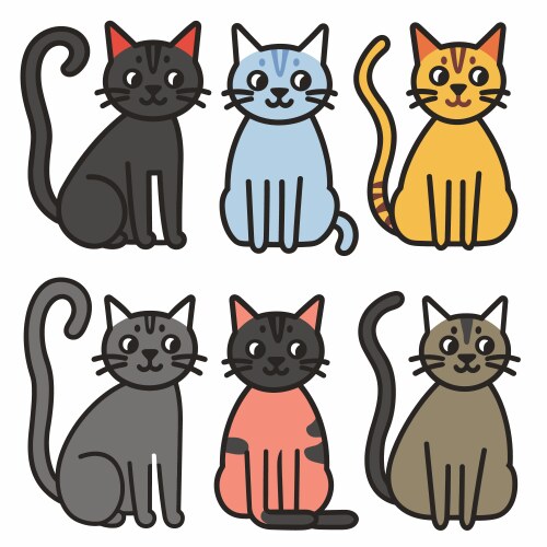 Six cartoon cat heads different breeds colors Vector Image