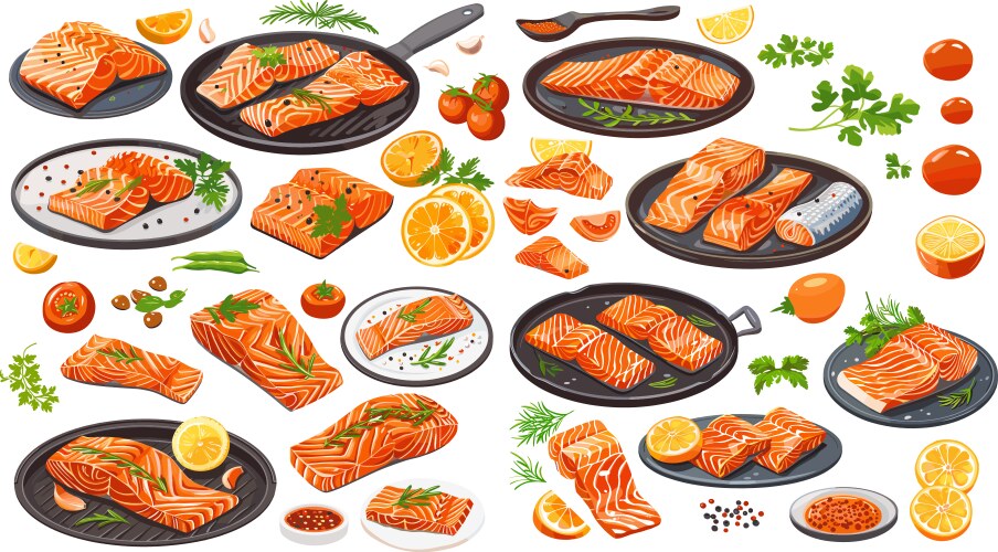 Seafood ingredients cartoon tuna fillet and steak Vector Image