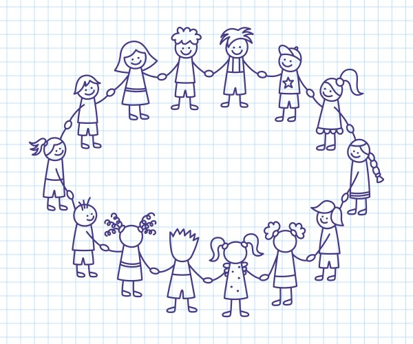 Happy doodle stick children holding hands hand Vector Image