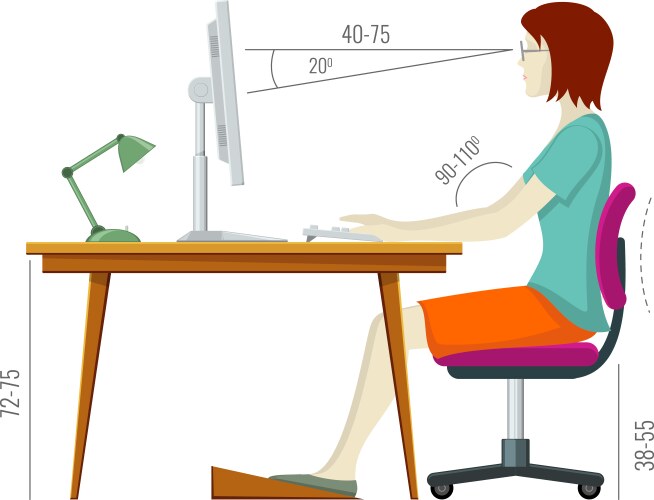 Correct spine sitting posture at computer health Vector Image