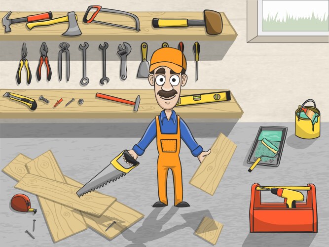 Carpenter with wood and tools Royalty Free Vector Image