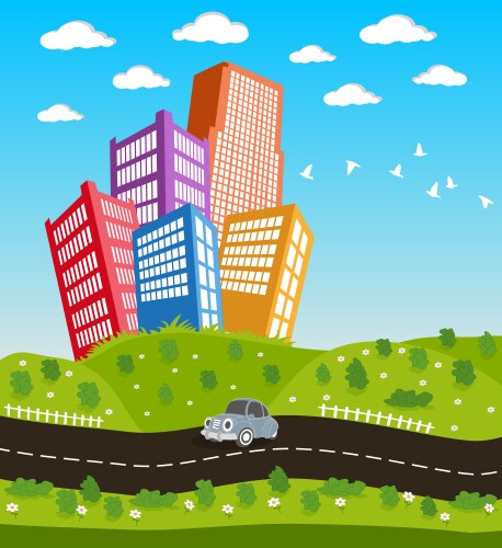 Cartoon downtown road landscape Royalty Free Vector Image