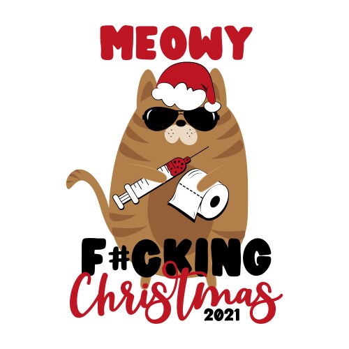 Christmas Greeting Card With Hipster Cat On White Vector Image