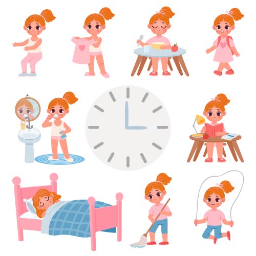 Daily morning routine set cartoon little girl Vector Image