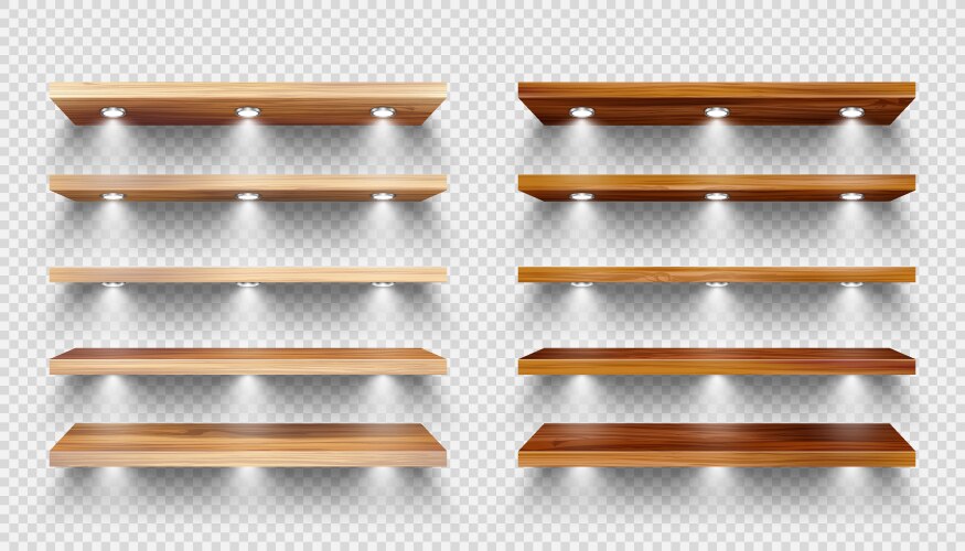Realistic wooden store shelves with lighting Vector Image