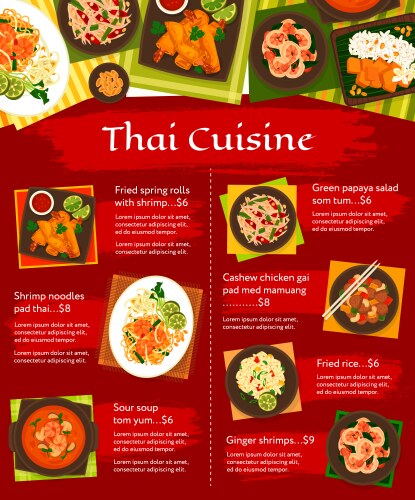 Thai cuisine menu cover page template Royalty Free Vector