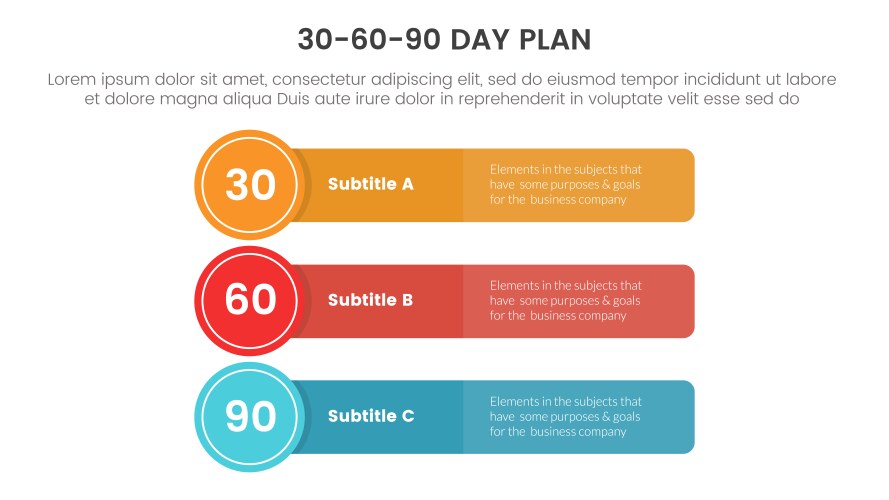 30 60 90 day plan management infographic 3 point Vector Image