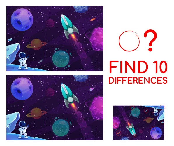 Find ten differences on space landscape kids game Vector Image
