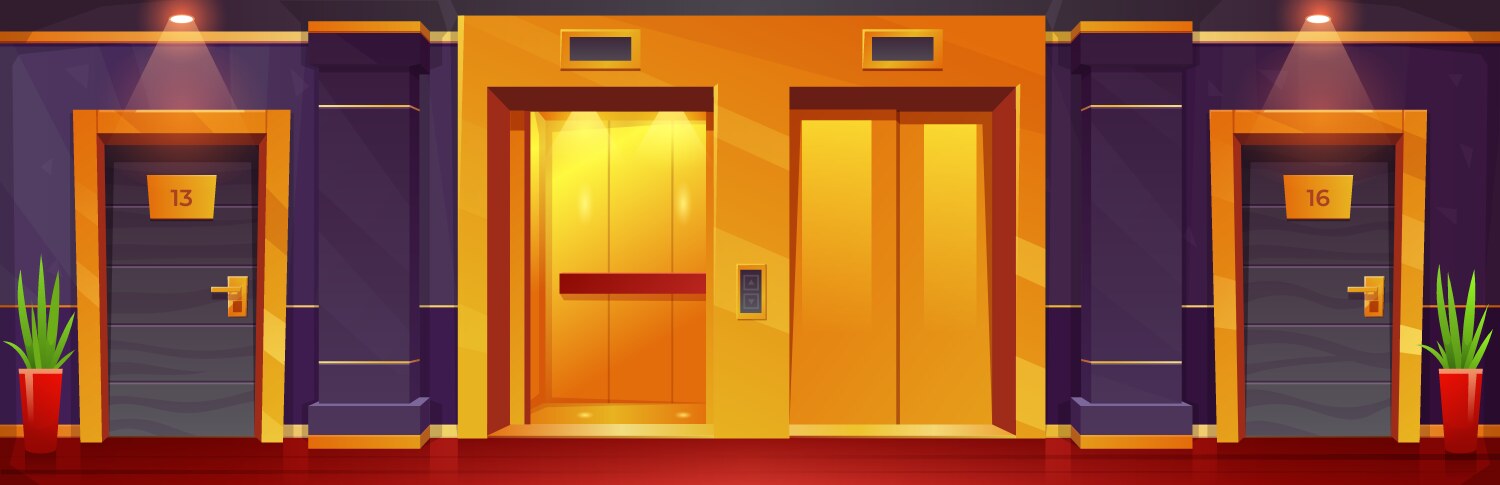 Cartoon luxury hotel floor with golden elevators Vector Image