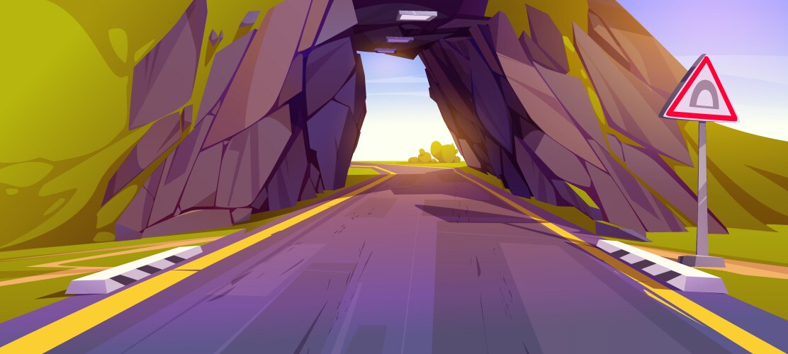 Cartoon road going through tunnel in mountain Vector Image