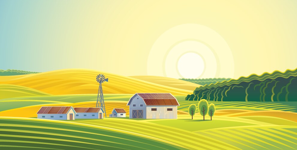 Wheat fields village farm landscape with green Vector Image